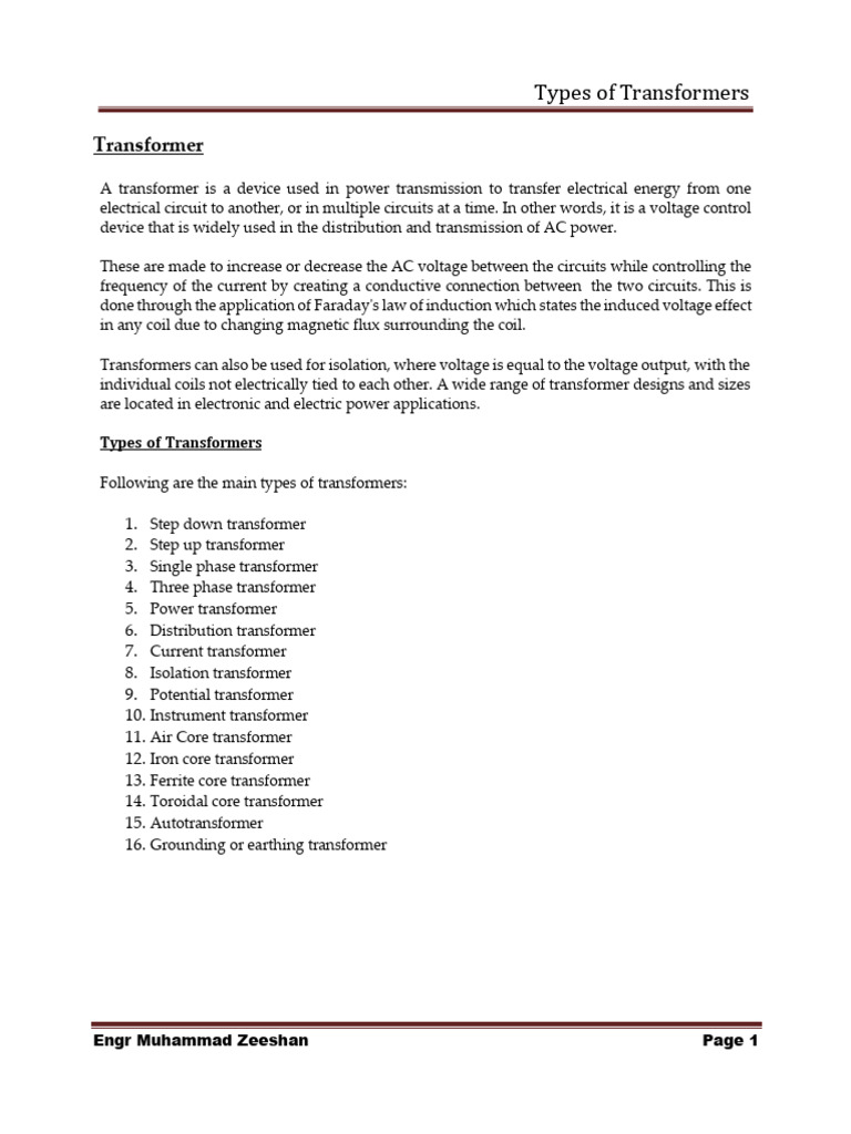 Types Of Transformer Pdf Transformer Inductor