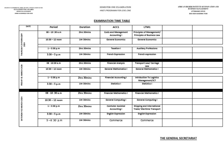 HND's Program For Semester One Examination | PDF