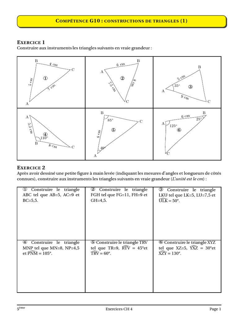 Construction de Triangles Cas Simples Exercices 5ème | PDF