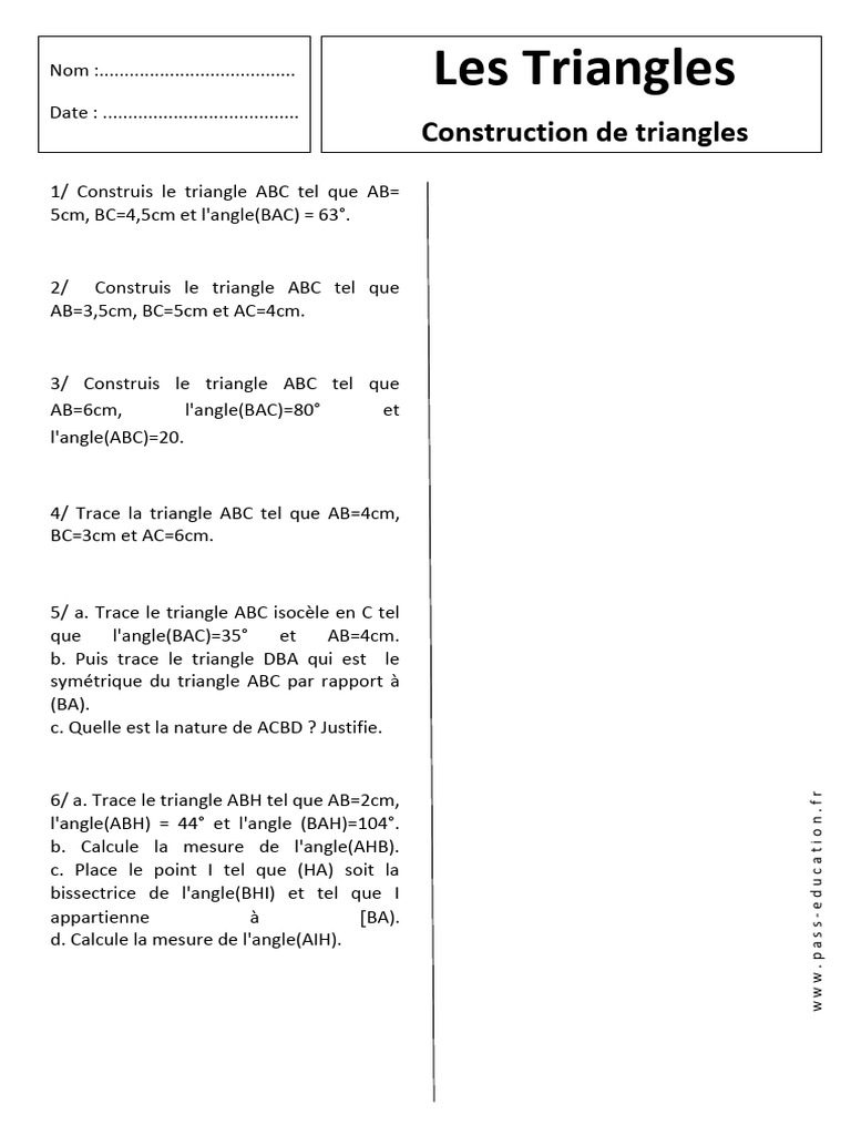 Construction de Triangles 5ème Exercices Corrigés Géométrie | PDF
