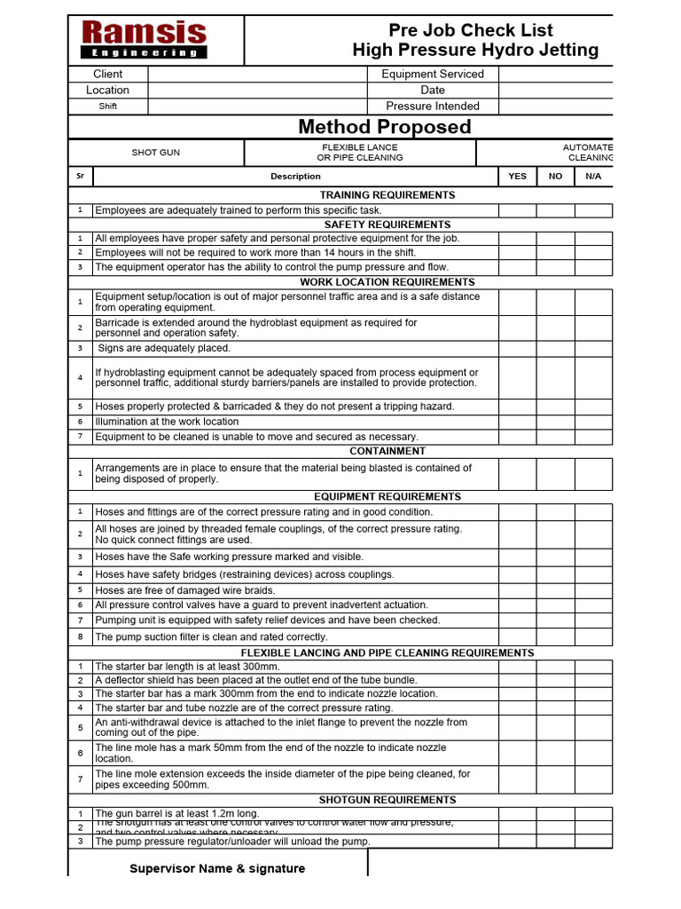 High Pressure Hydro Jetting Checklist | PDF | Pump | Valve
