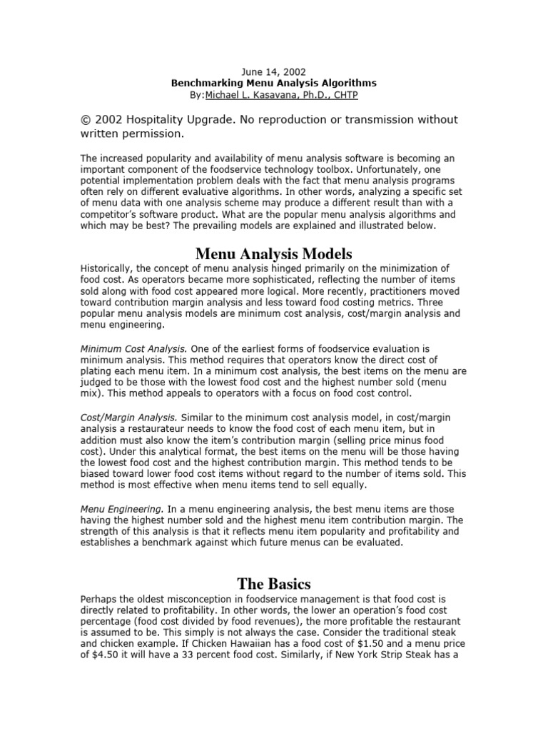 Menu Engineering -Kasavana | PDF | Menu | Analysis