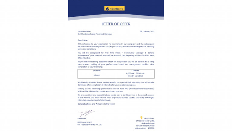 Talent Serve Offer Letter | PDF
