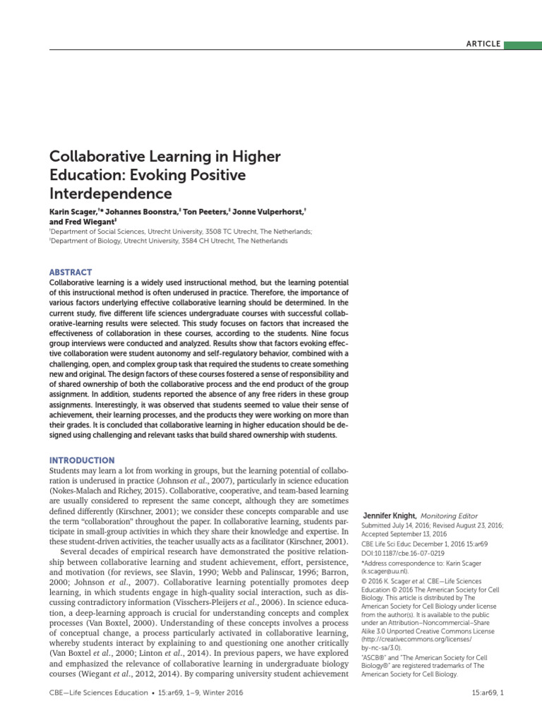 Scager Et Al 2017 Collaborative Learning in Higher Education Evoking ...