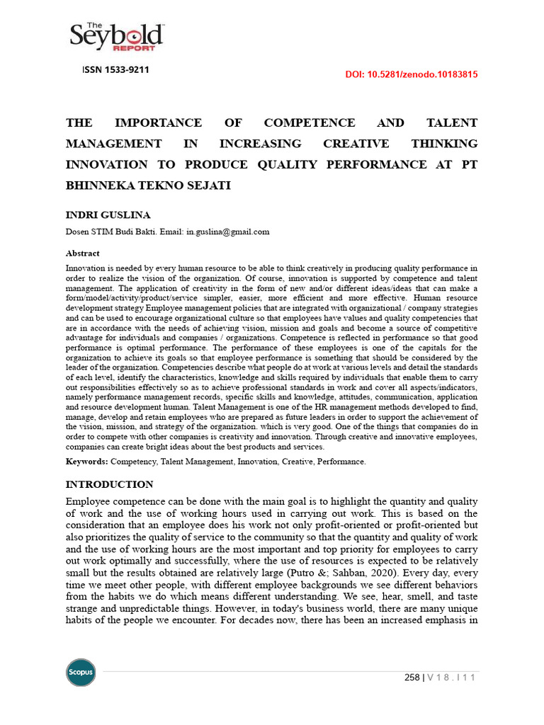 THE IMPORTANCE OF COMPETENCE AND TALENT MANAGEMENT IN INCREASING CREATIVE THINKING INNOVATION TO ...