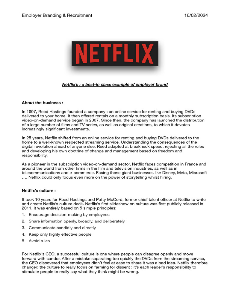 Netflix Employer Branding | PDF | Employment | Recruitment