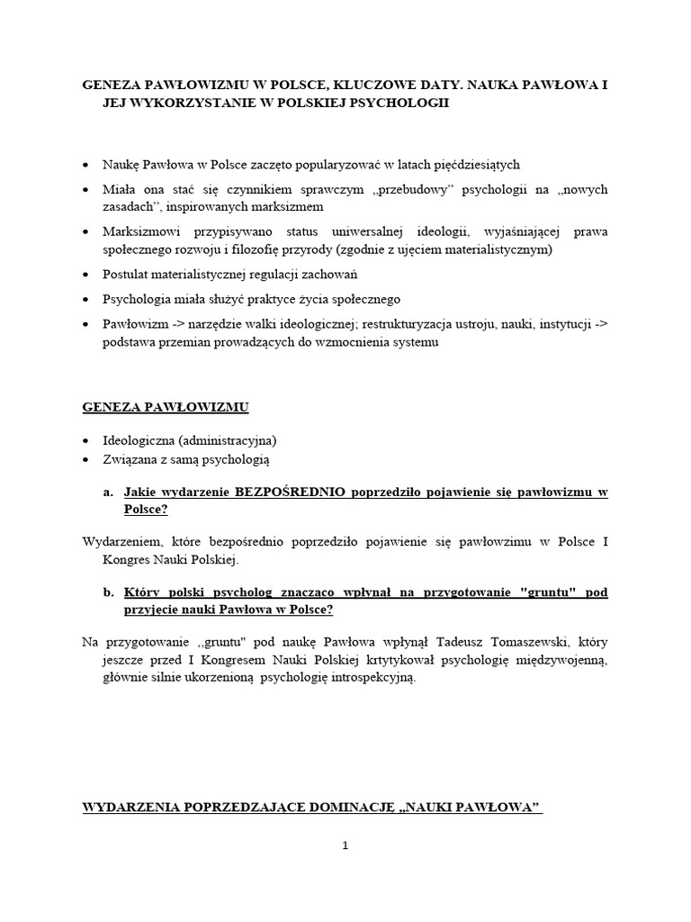 Historia Myśli Psychologicznej Pawłowizm | PDF