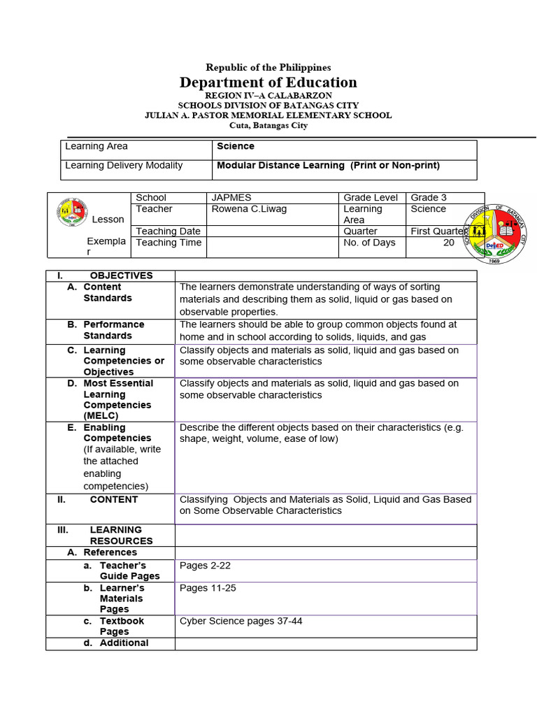 Sses Final Q1 Science3 Melc1 | PDF | Taste | Gases