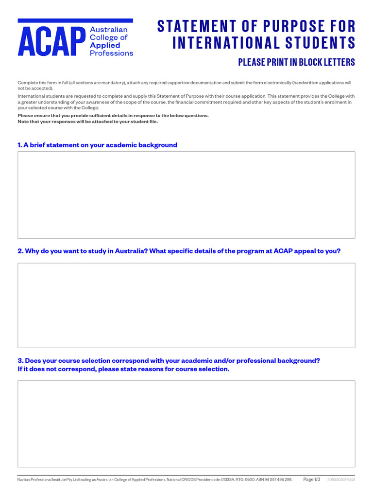 ACAP International Student Statement of Purpose Form Editable | PDF | Career & Growth | Business