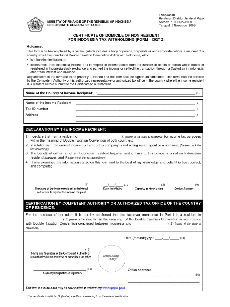 Certificate of Domicile for Tax Relief Under the Indonesia-[Country ...