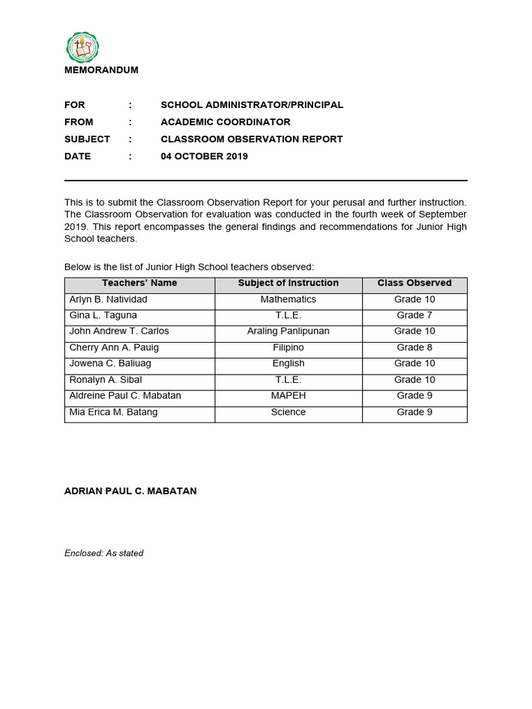 Classroom Observation Report 2019 | PDF | Teachers | Learning
