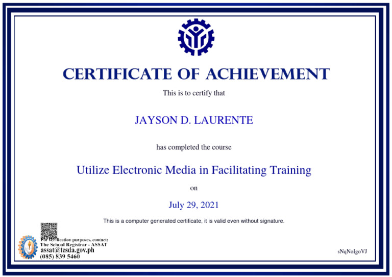 Certificate of Achievement UEMFT | PDF