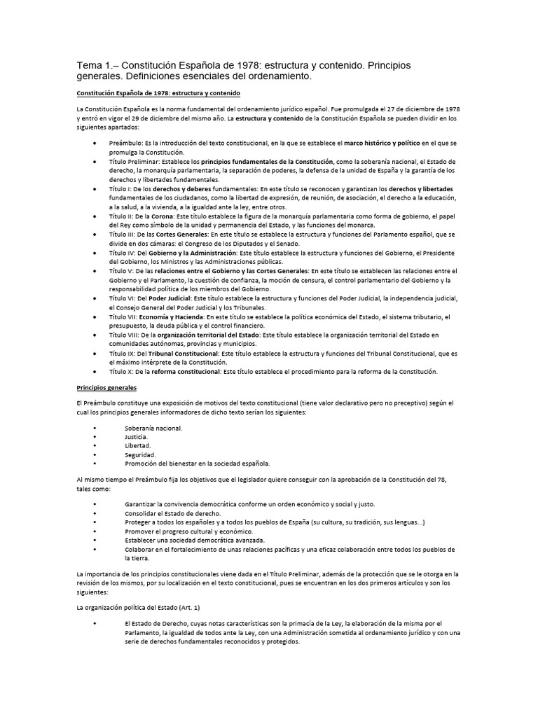 Tema 1 Constitución Española De 1978 Estructura Y Contenido