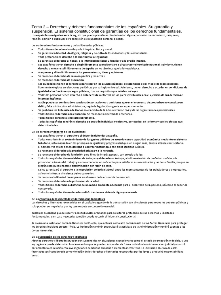 Tema 2 Derechos Y Deberes Fundamentales De Los Españoles Pdf