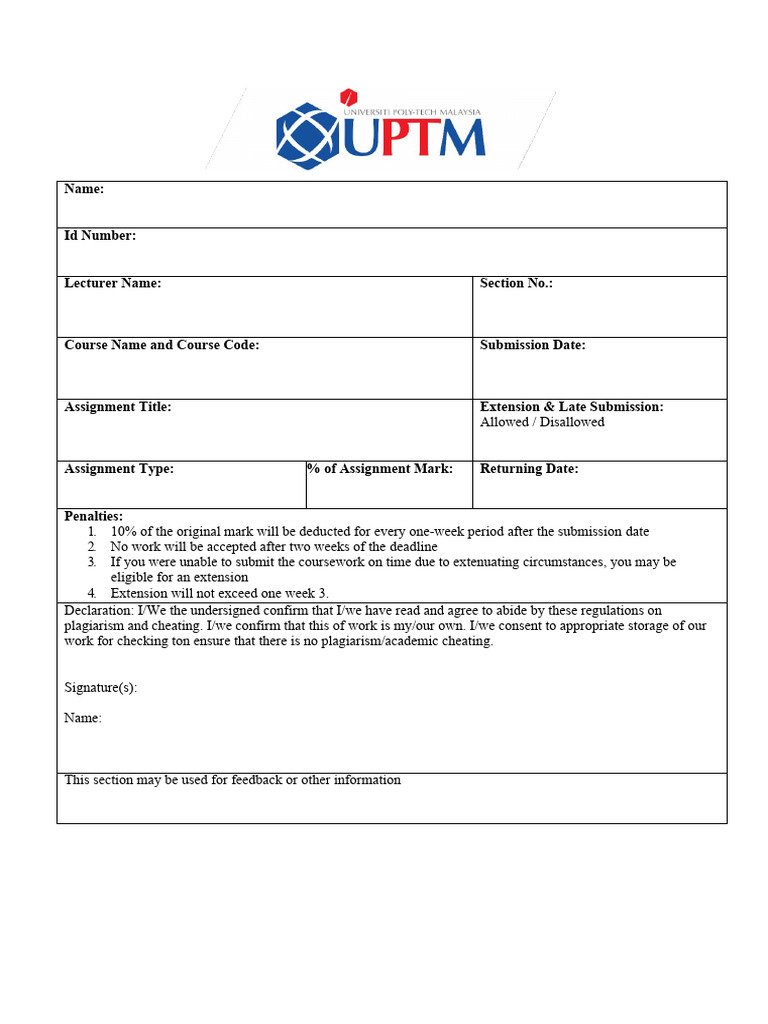 Front Page Assignment Uptm | PDF