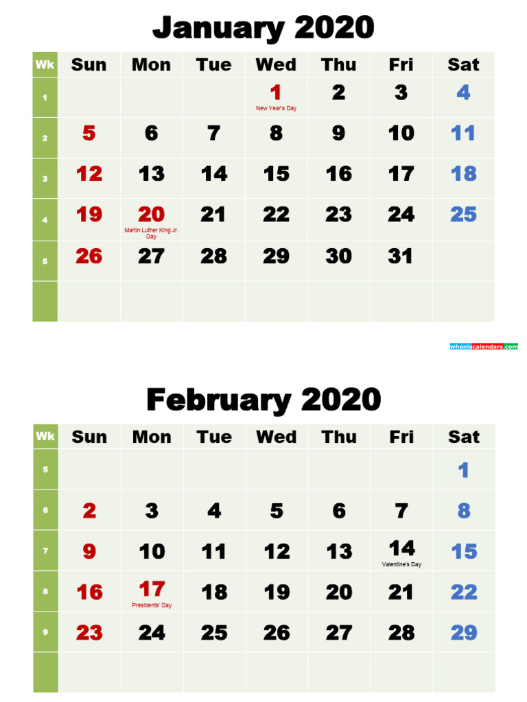 2020 Monthly Calendar Printable Holidays Arialblk 11 | PDF