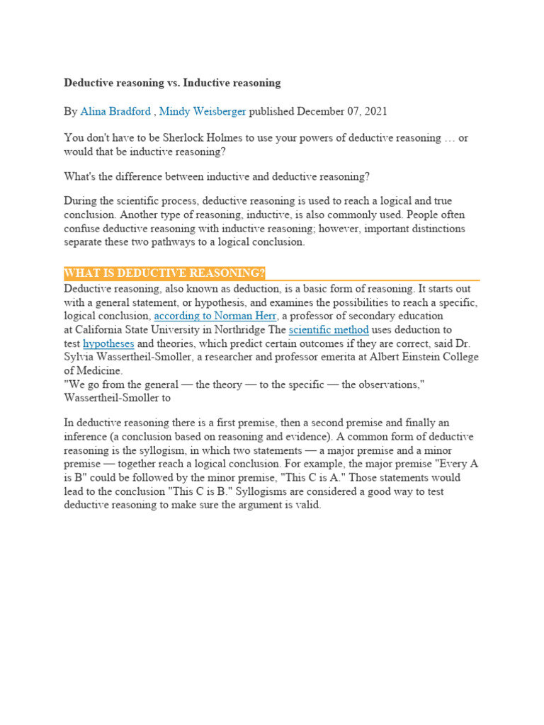 Alina Bradford Mindy Weisberger: Deductive Reasoning vs. Inductive ...