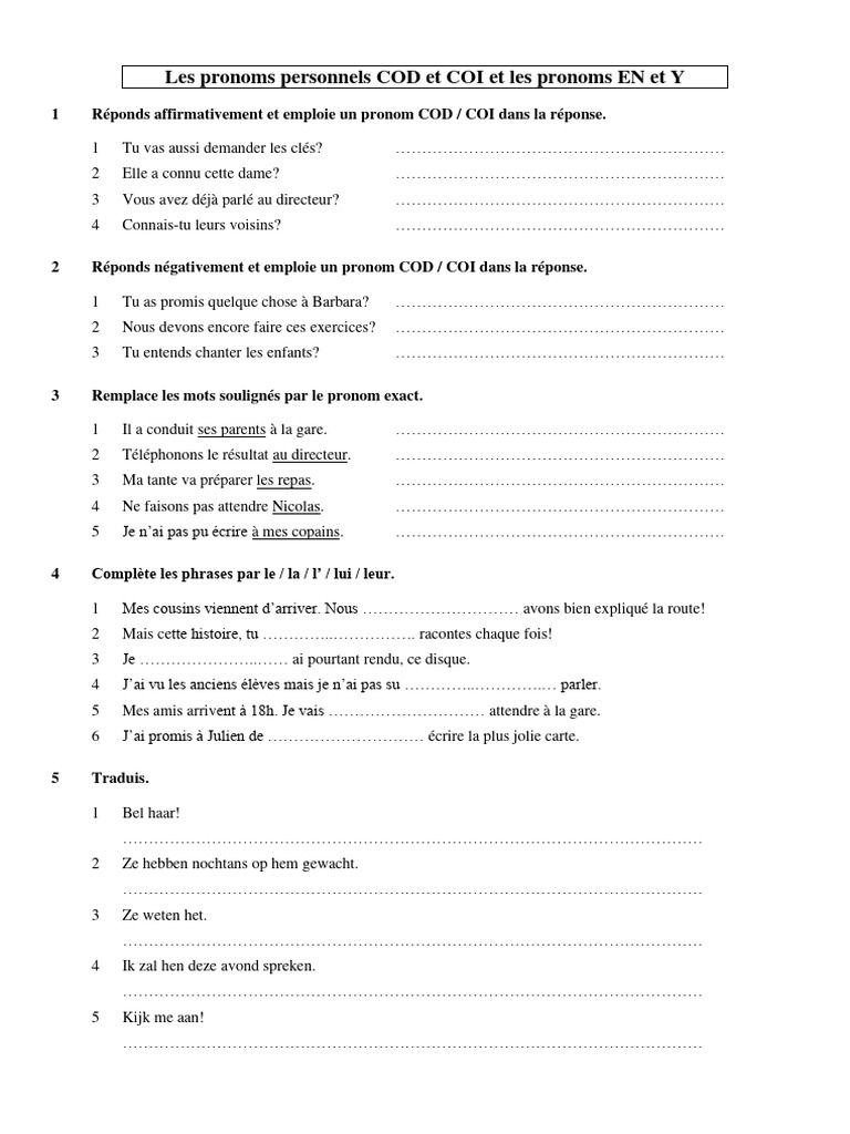 Pronoms COD, COI, EN et Y : Exercices | PDF | Maison et jardin