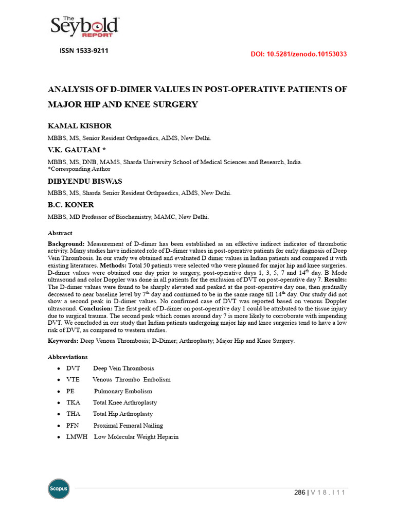 Analysis of D-Dimer Values in Post-Operative Patients of Major Hip and ...