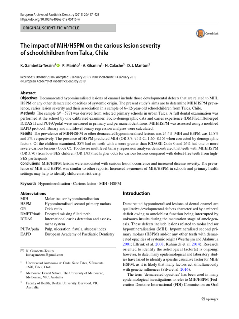 Artigo o Impacto Do MIH e HSPM Na Gravidade Das Lesões de Cárie | PDF | Self-Improvement