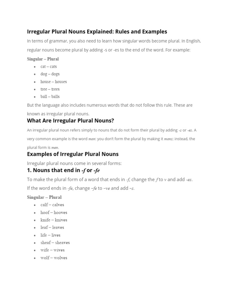 Irregular Nouns Singular To Plural | PDF | Plural | Grammatical Number
