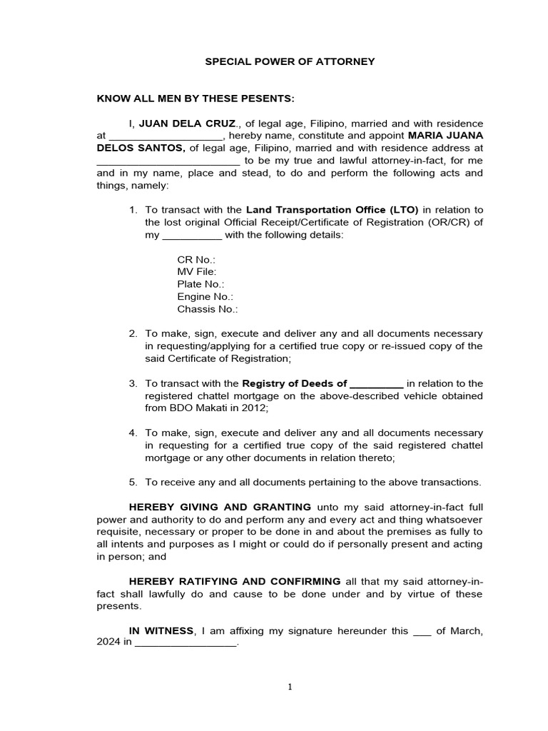 Format of SPA For ORCR in LTO | PDF | Power Of Attorney | Document