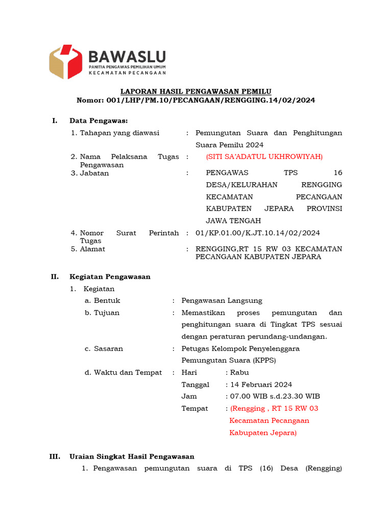Form A (LHP Hasil Pengawasan Pemungutan Dan Perhitungan Suara) | PDF