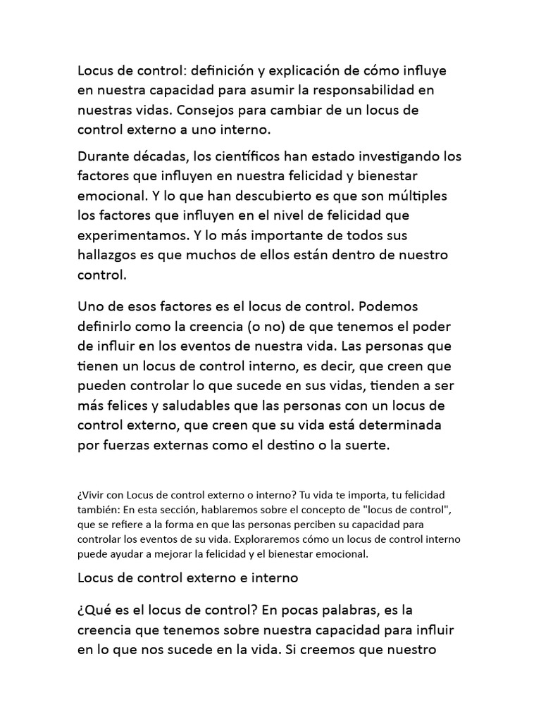 Locus de Control | Descargar gratis PDF | Felicidad | Autoestima