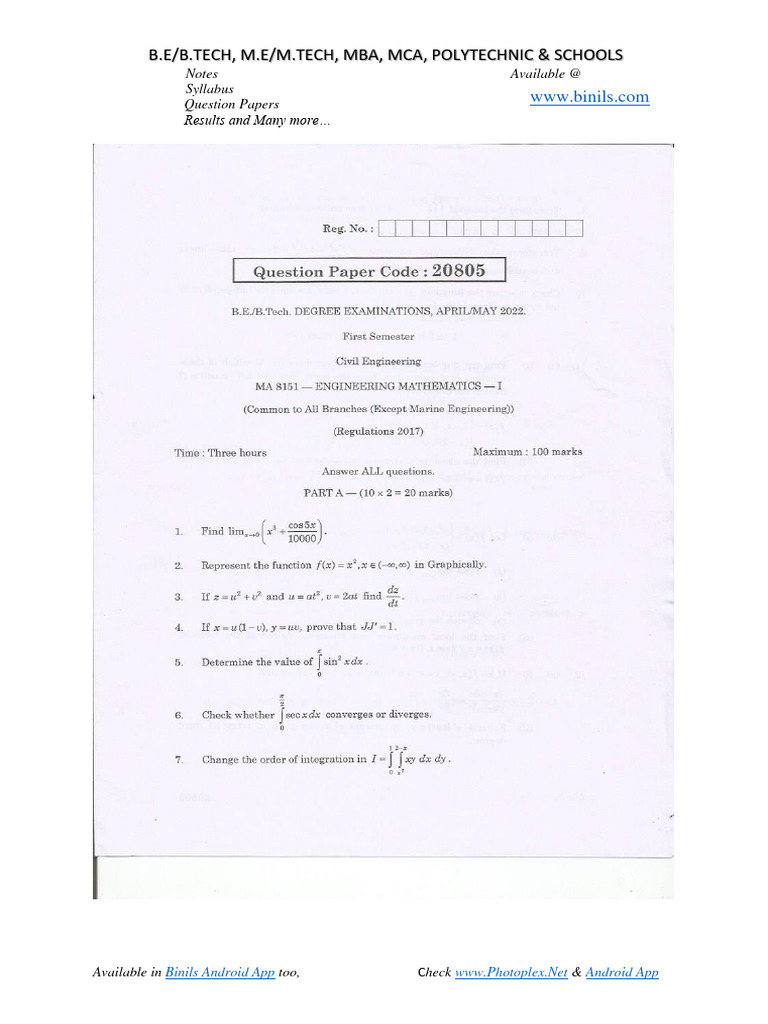 MA 8151 Engineering Mathematics I Old Question Paper | PDF | Technology ...