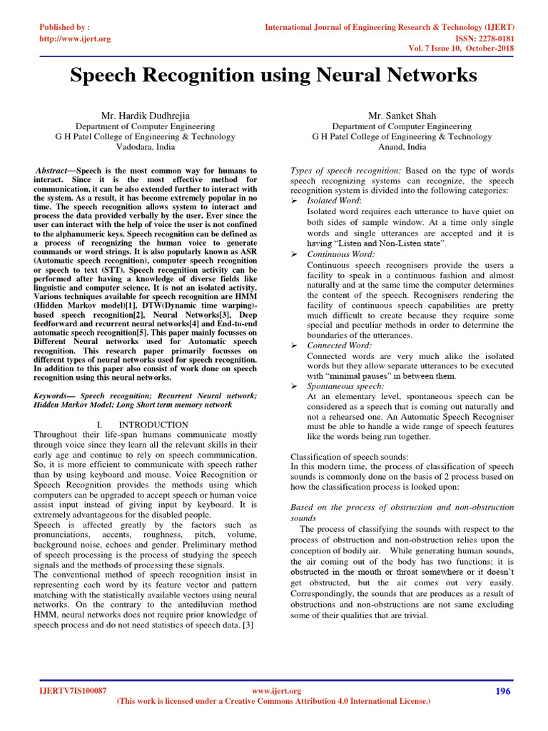 Speech Recognition Using Neural Networks Ijertv7is100087 Pdf Speech Recognition Artificial