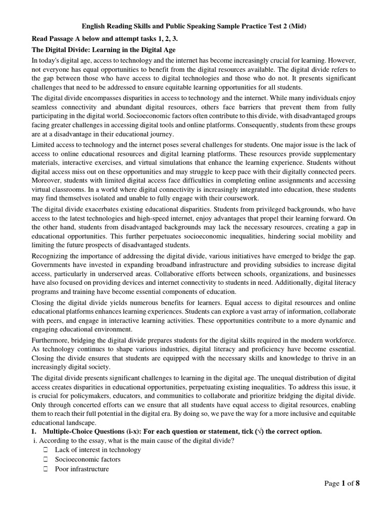 Eng. Reading Sample Practice Test 2 (Mid) | PDF | Social Science ...