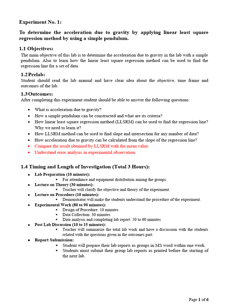 Physics 1 Lab Expt 1 Pdf Regression Analysis Least Squares 