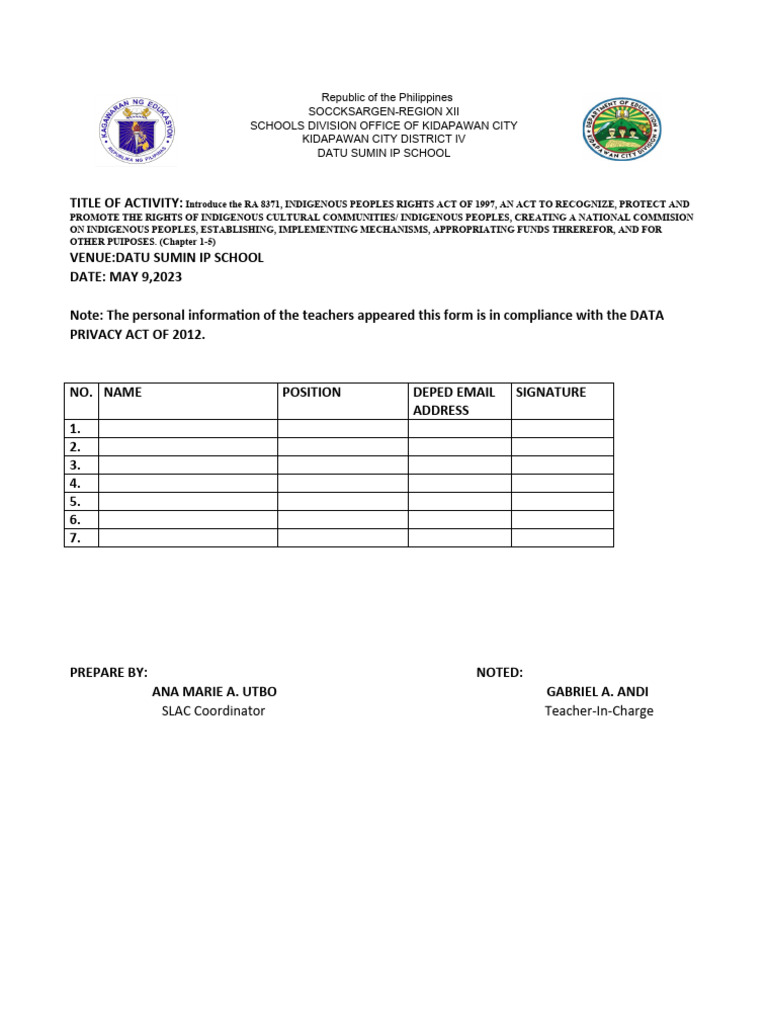 Attendance Sheet Slac 2023 | PDF