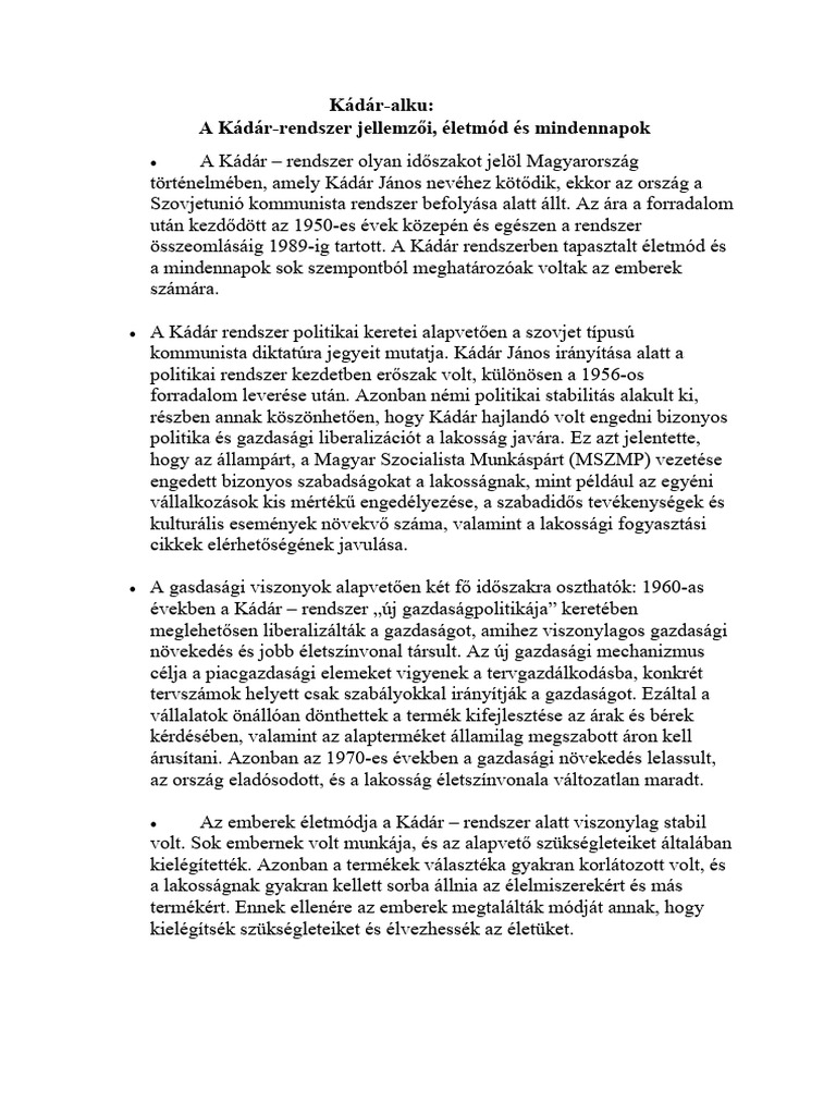 A Kádári - Alku A Kádár - Rendszer Jellemzői, Életmód És Mindennapok. | PDF