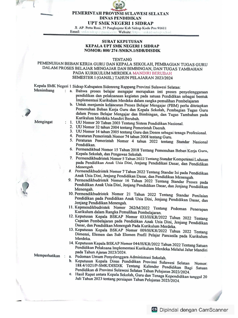 SK Beban Mengajar & Tugas Tambahan Semester Ganjil | PDF