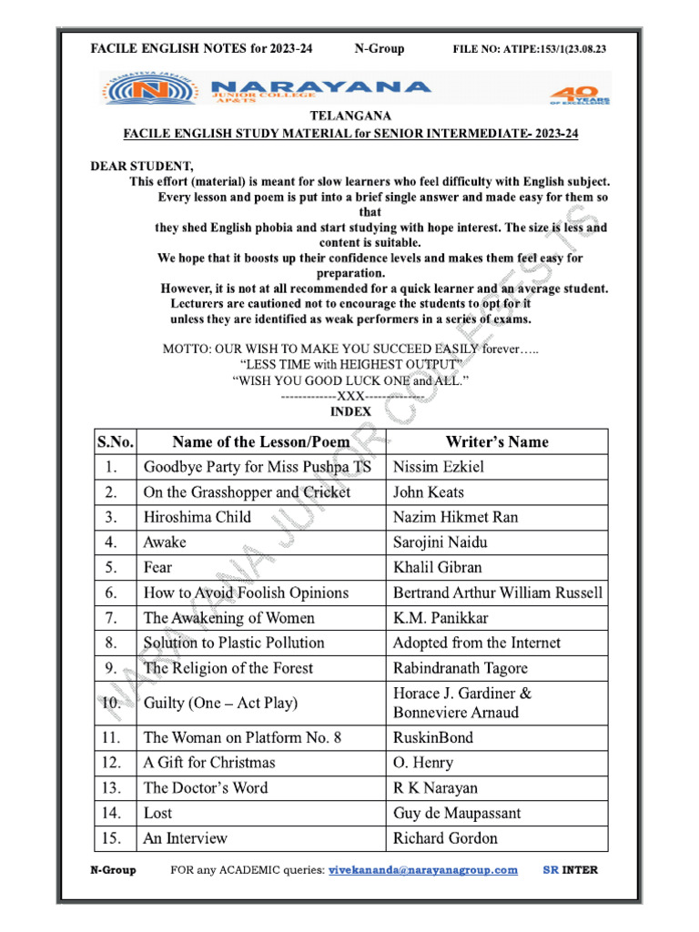 Sr-Final-Easy English Study Material Ts 2023-24 | PDF