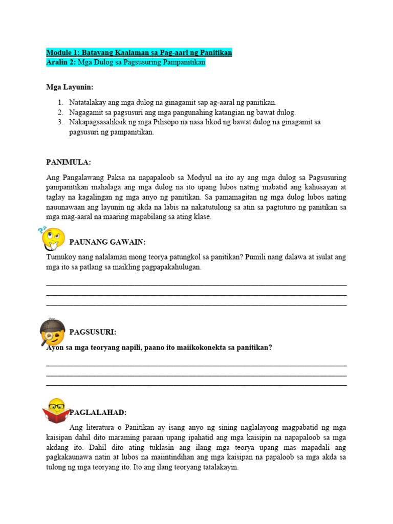 Module 1-Aralin 2-Mga Dulog Sa Pagsusuring Pampanitikan | PDF