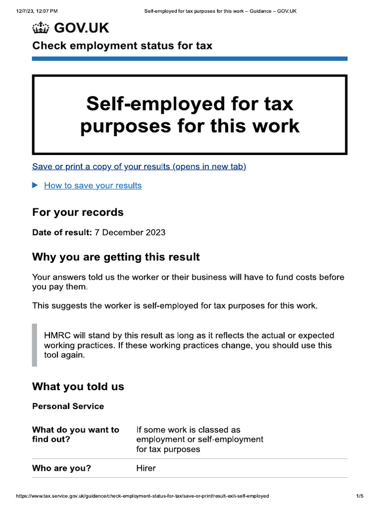 Self-Employed For Tax Purposes For This Work - Guidance - GOV | PDF