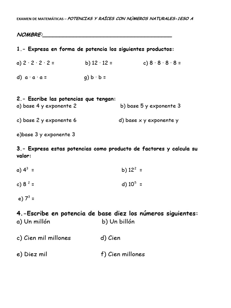 POTENCIAS Y RAICES CON NÚMEROS NATURALES - Examen | PDF