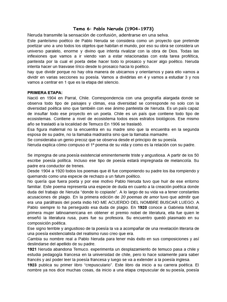 Tema 6. Pablo Neruda | PDF | Poesía | Federico García Lorca