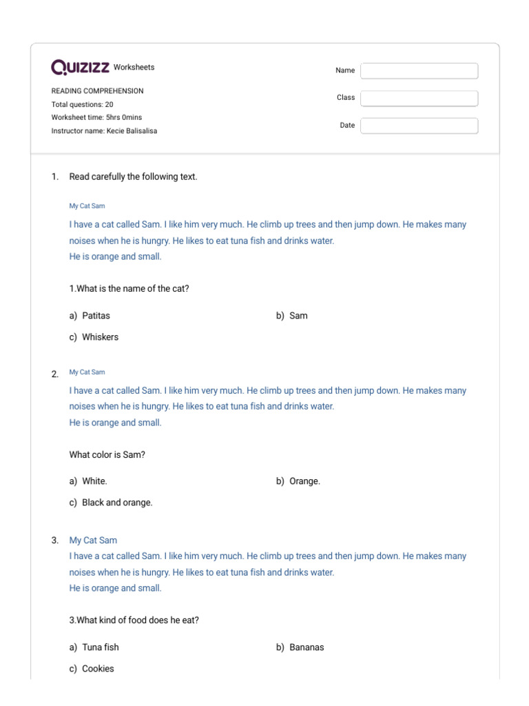 READING COMPREHENSION _ Quizizz | PDF