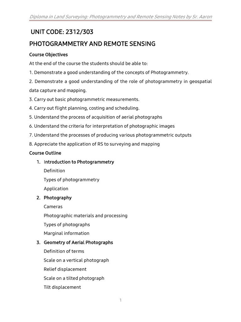 UNIT CODE: 2312/303 Photogrammetry and Remote Sensing | PDF