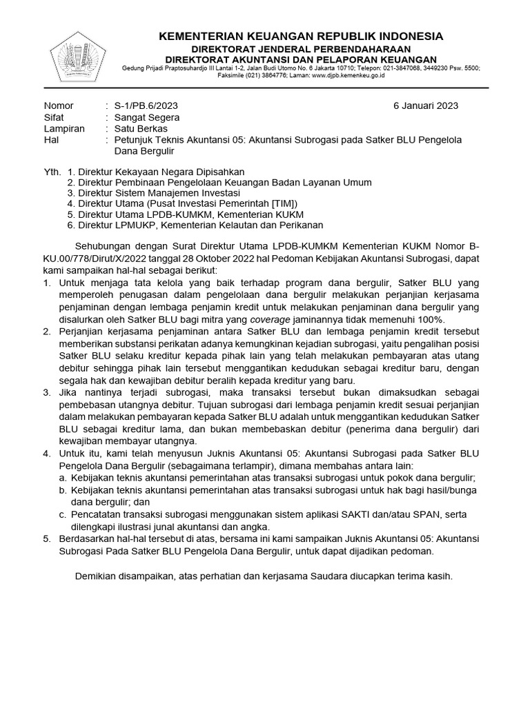 S-1 - PB.6 - 2023 - Juknis Akt. 05 Akuntansi Subrogasi Pada Satker BLU ...