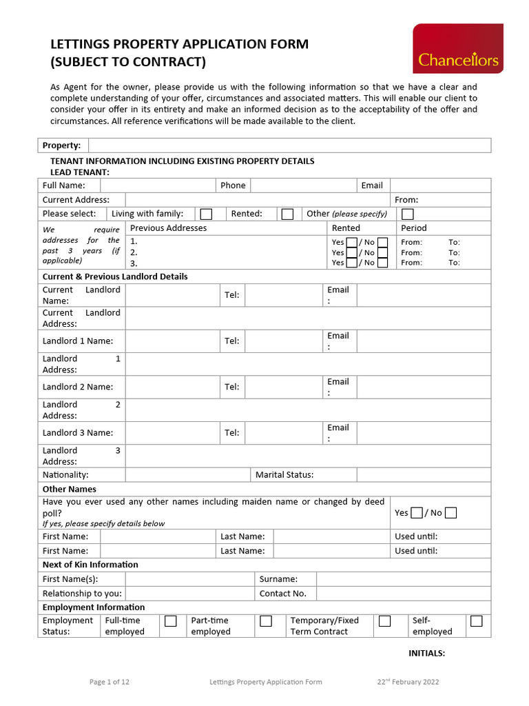 Lettings Property Application Form Two Tenants | PDF