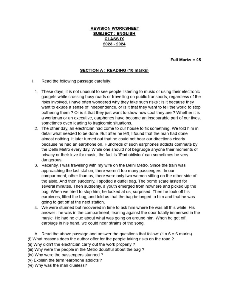 Revision Worksheet - English Language - Class IX ENGLISH IX 05 02 2024 ...