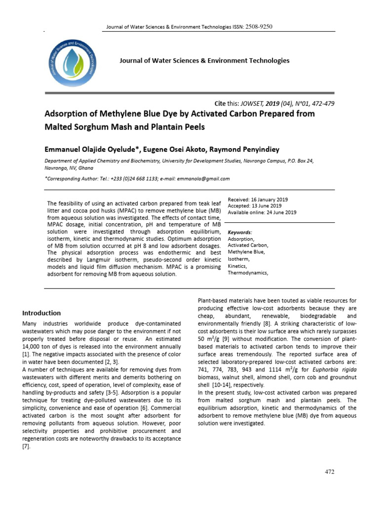 Adsorption of Methylene Blue Dye by Activated Carbon Prepared From Malted Sorghum Mash and ...
