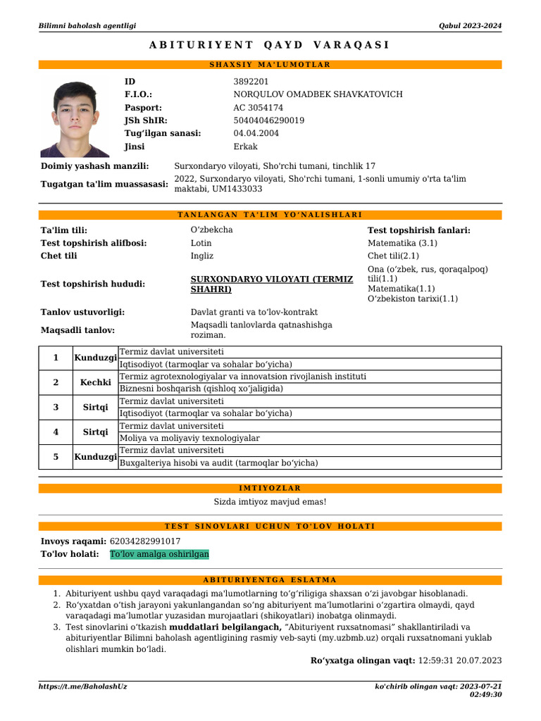 Norqulov Omadbek Shavkatovich Qayd Varaqa | PDF