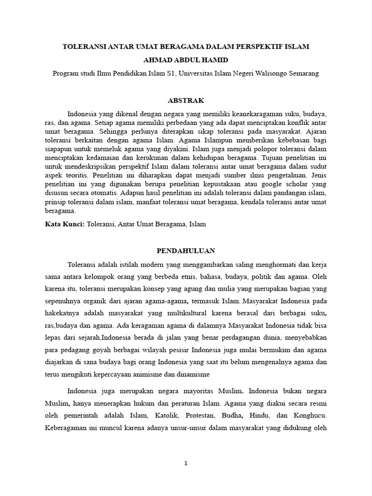 Toleransi Antar Umat Beragama Dalam Perspektif Islam | PDF