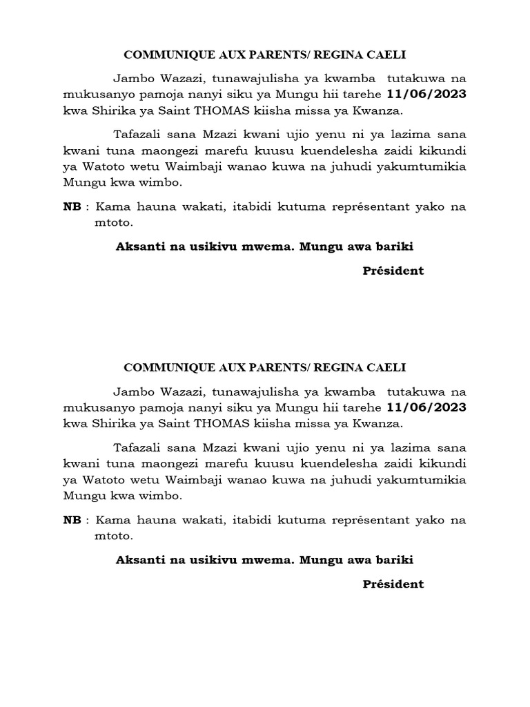 Communique Aux Parents Regina Caeli | PDF