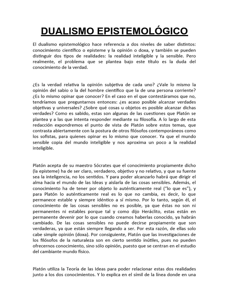 DUALISMO EPISTEMOLÓGICO | PDF | Conocimiento | Platón